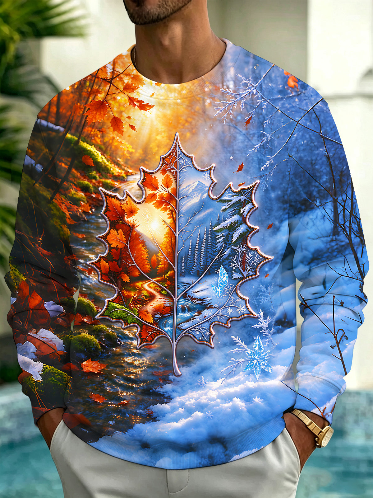 Oceanlyte Men's Long Sleeve Hoodie - Dual Color Maple Leaf With Autumn